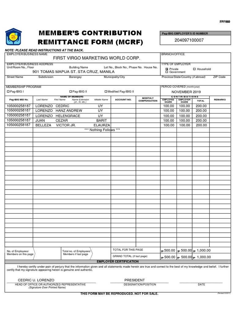 First Virgo-HDMF Nov 2019 | PDF | Remittance | Employment