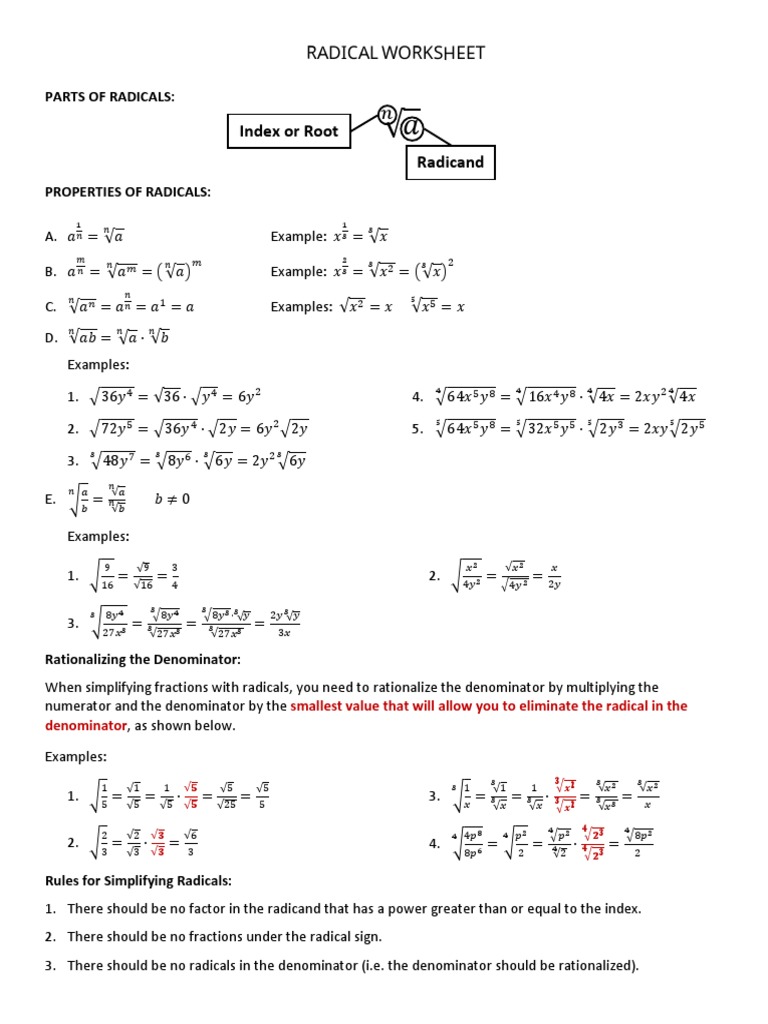 Radical Worksheet | PDF | Fraction (Mathematics) | Mathematical Concepts