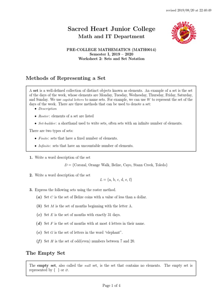 WS2 Sets and Set Notation | PDF | Set (Mathematics) | Formalism (Deductive)