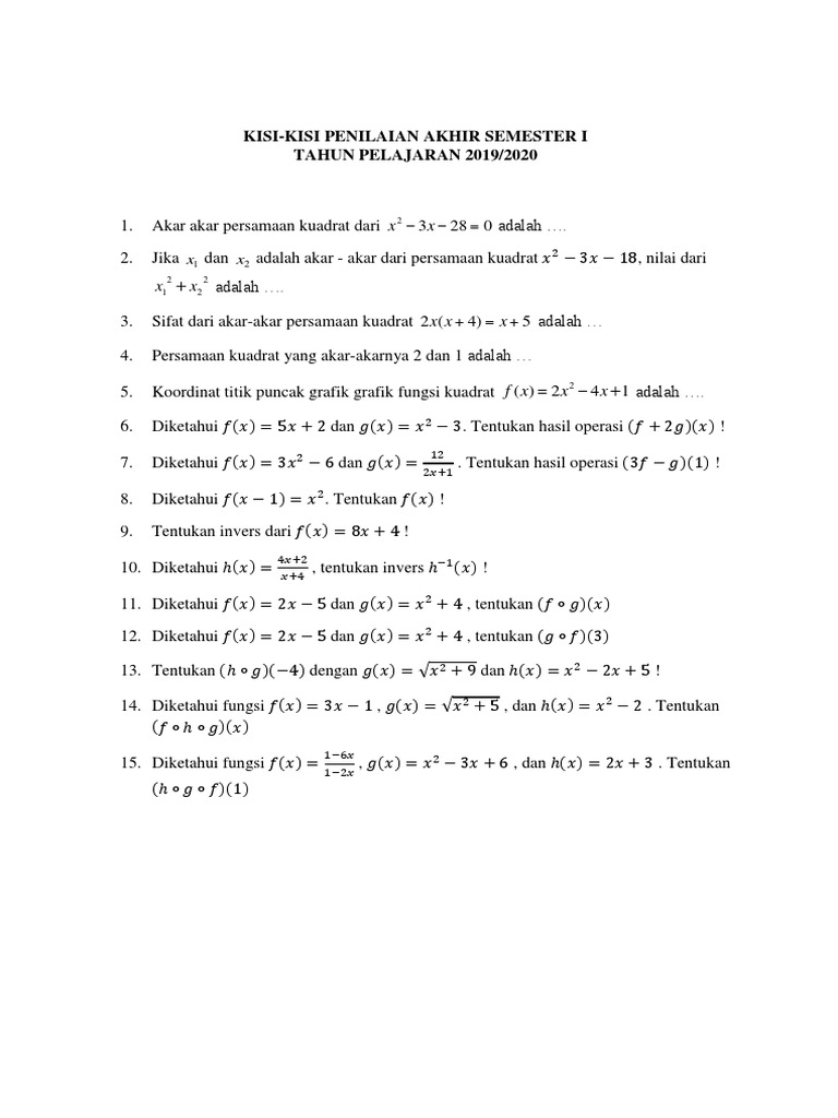 Kisi-Kisi PAS Matematika Kelas XI-1 | PDF | Metode & Bahan Ajar