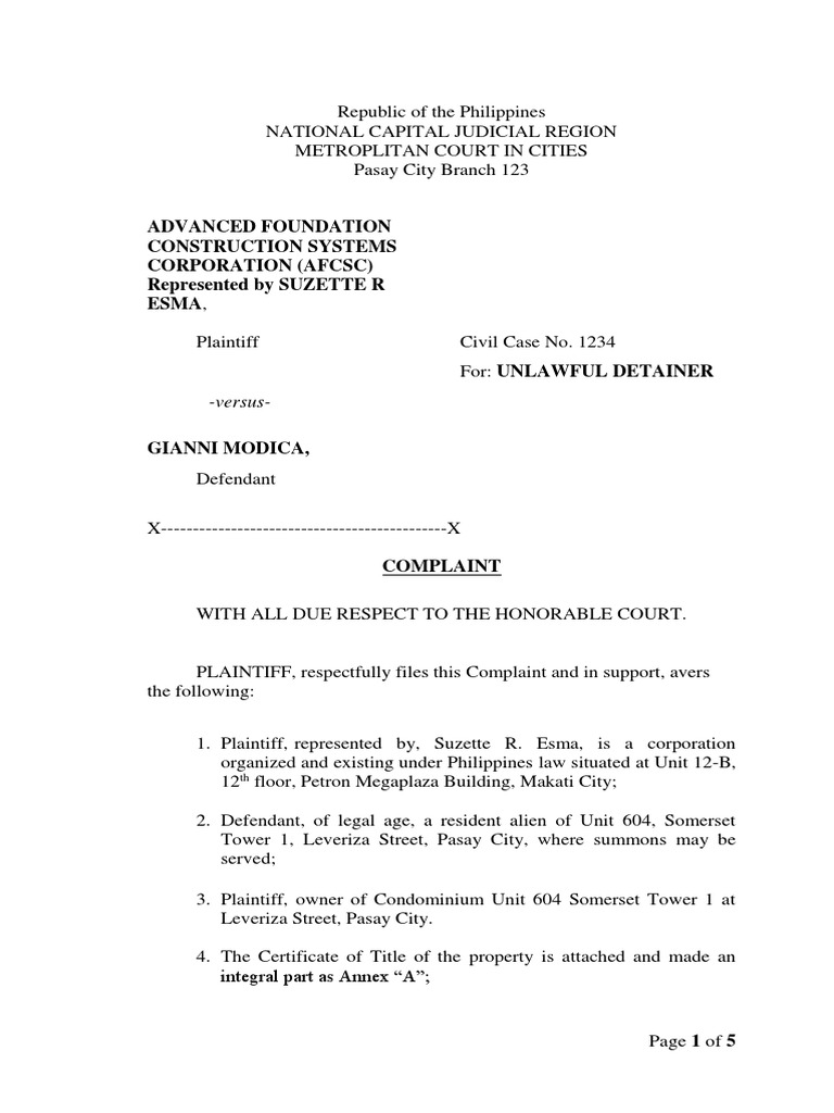 Legal Complaint Sample