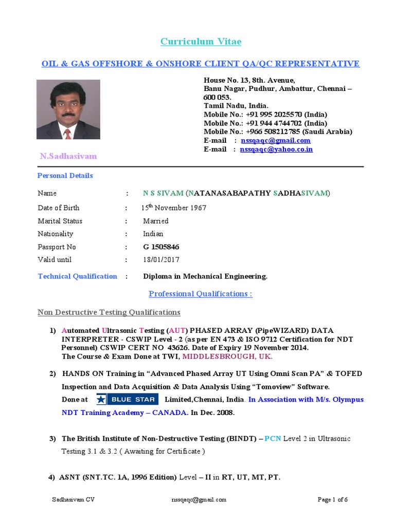 Curriculum Vitae: Oil & Gas Offshore & Onshore Client Qa/Qc ...
