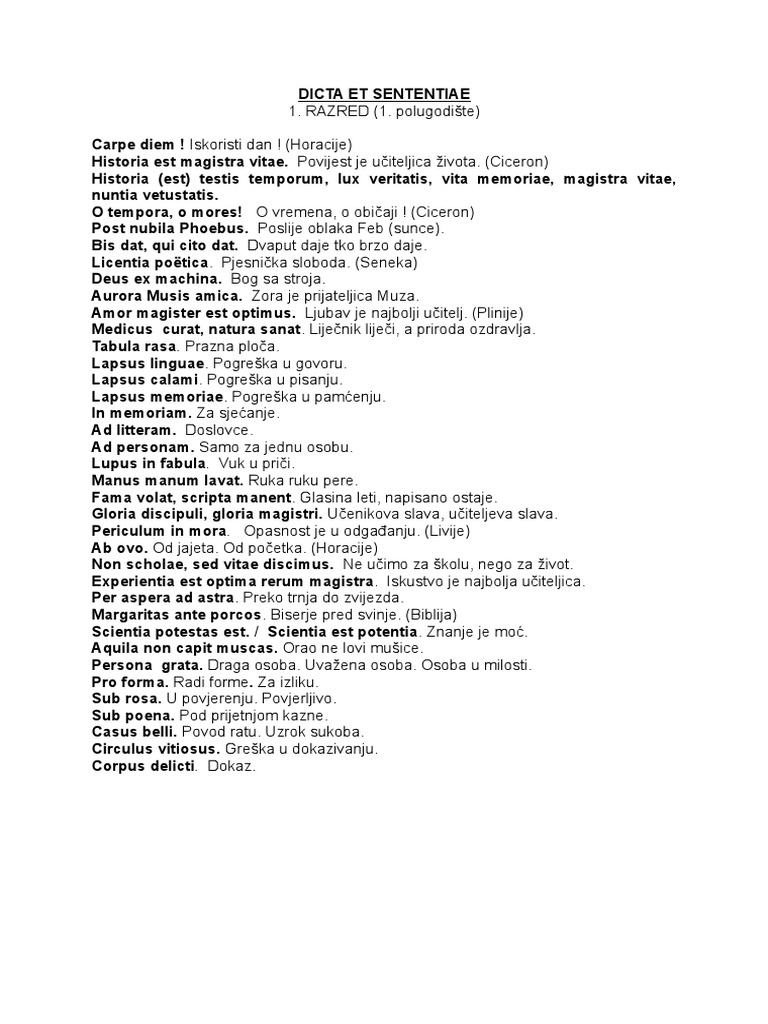 DICTA ET SENTENTIAE 1.dio, 1. Razred | PDF