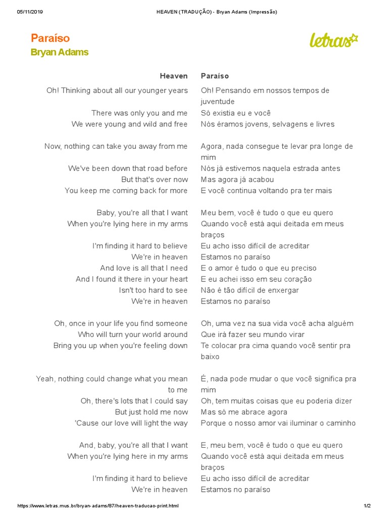 HEAVEN (TRADUÇÃO) - Bryan Adams (Impressão) | PDF | Música gravada ...