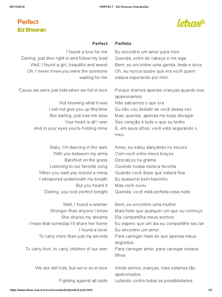 Tradução Da Letra Perfect De Ed Sheeran Pdf Música Pop