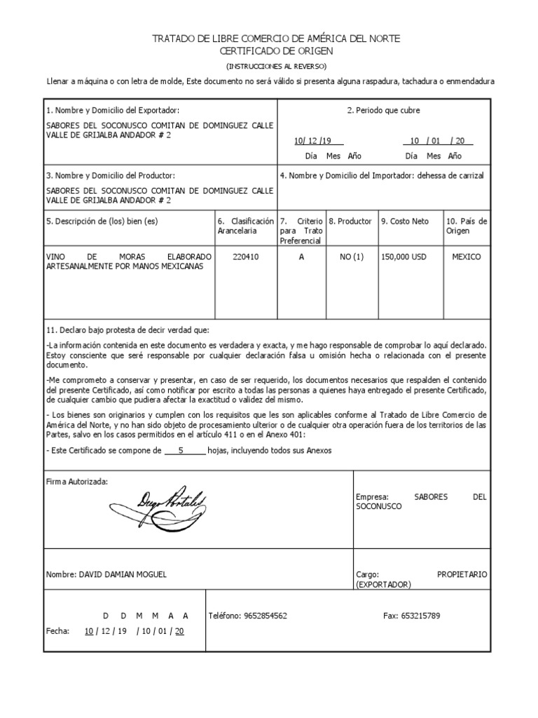 Formato de Certificado de Origen Tlcan | PDF | Tratado de Libre ...