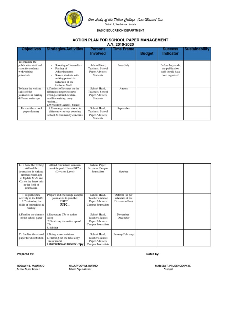 Action Plan for School Paper 2019-2020 | PDF | Publications | Journalism