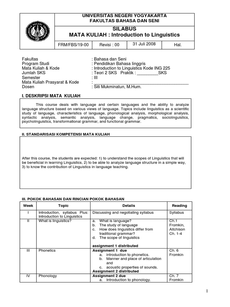 Syllabus Introduction To Linguistics PDF | PDF | Linguistics | Phonology