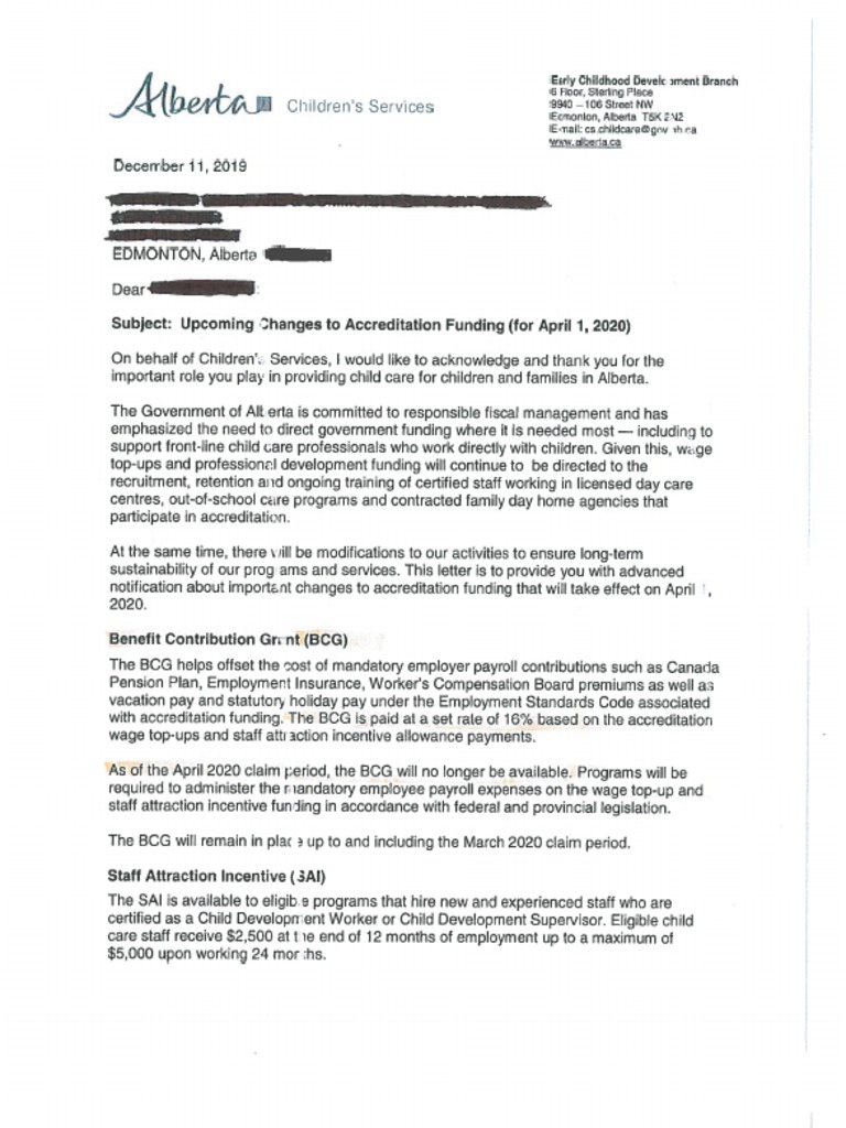 Letter From Alberta Children's Services To Child Care Providers | PDF