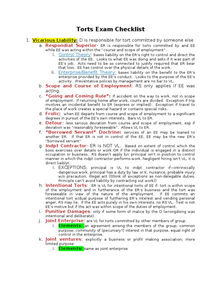 Torts Exam Checklist | PDF | Defamation | Misrepresentation