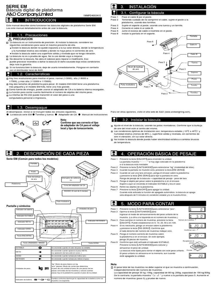 Instalación y operación báscula digital EM | PDF | Balanza | Poco