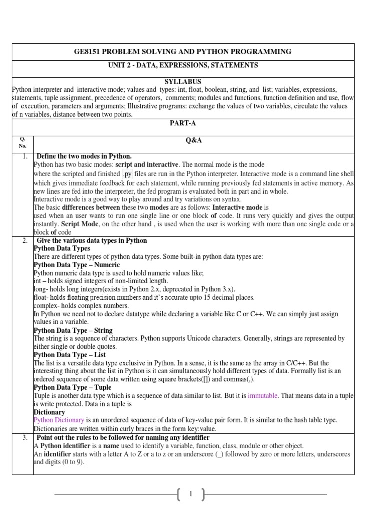GE8151 Python Programming Unit 2 Question Bank With Example Code | PDF | Parameter (Computer ...