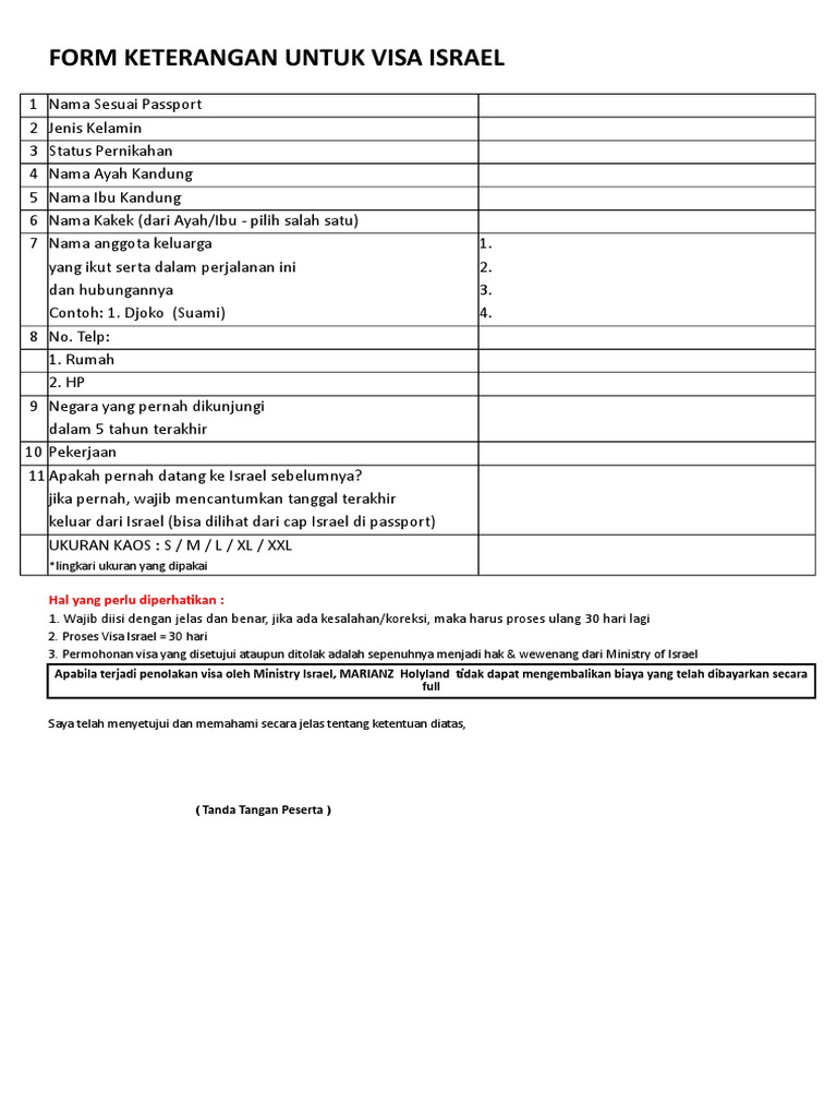 Form Keterangan Untuk Visa Israel (Wajib Isi) | PDF
