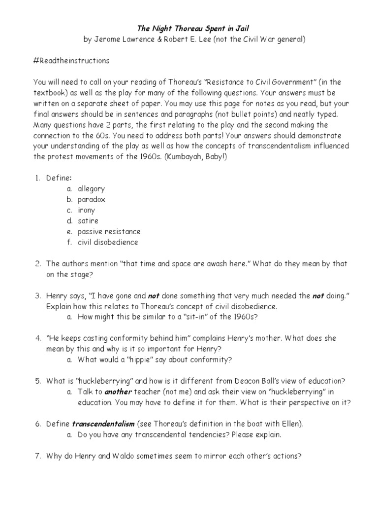 Thoreau in Jail Questions | PDF | Walden | Henry David Thoreau