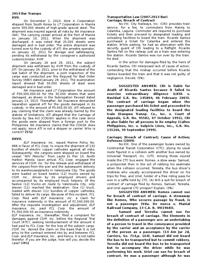 Docshare - Tips Transportation Law Bar Questions | PDF | Negligence | Legal Liability