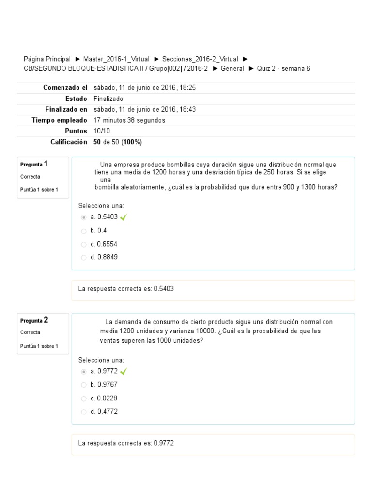 Resultados de un examen de probabilidad y estadística con 10 preguntas sobre distribuciones ...