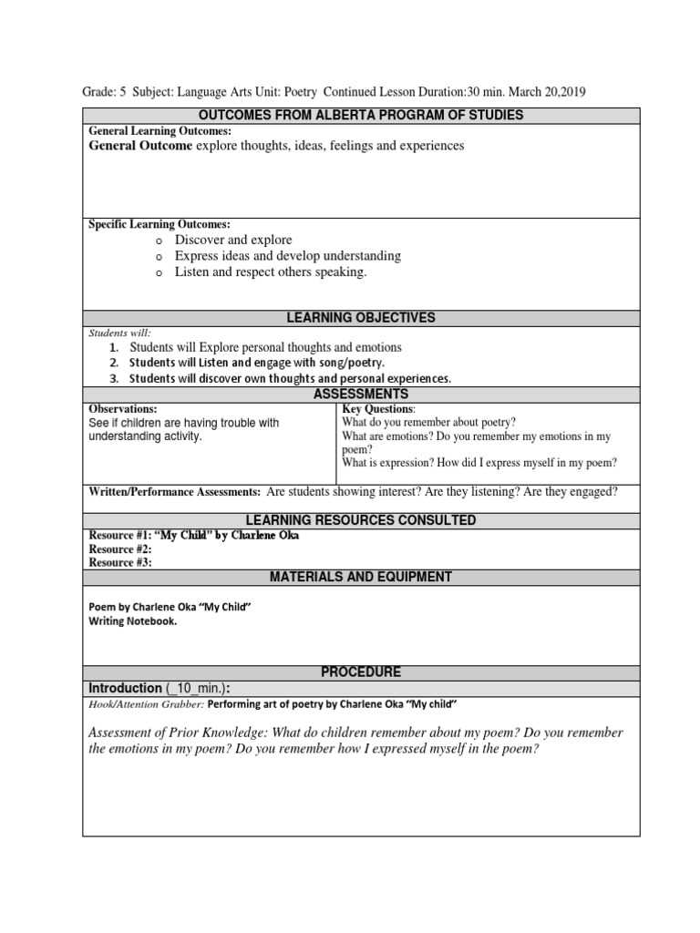 Poetry Continued Lesson Plan | PDF | Poetry | Lesson Plan