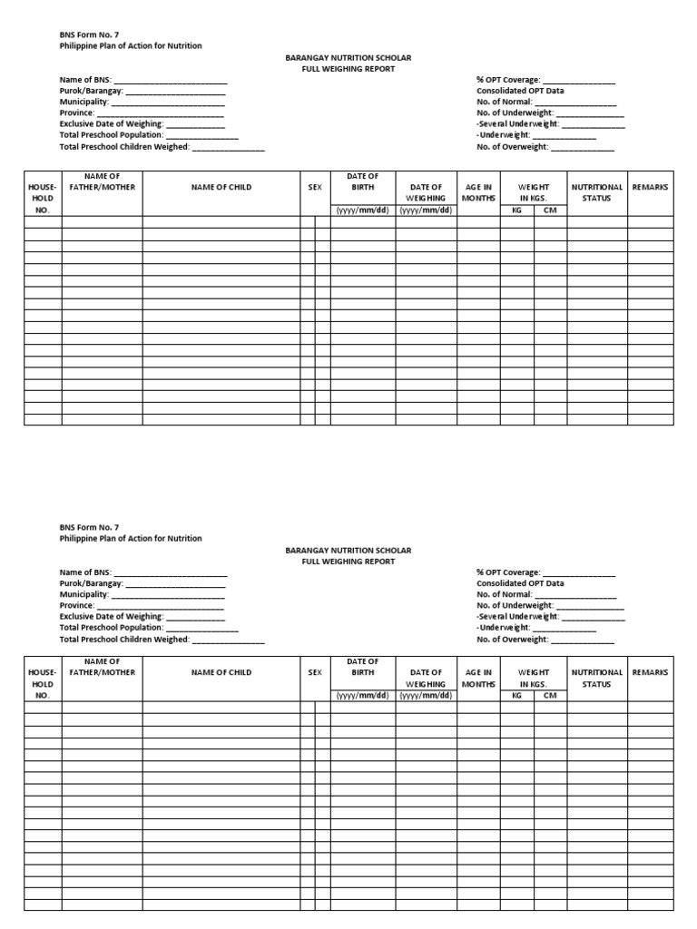 BNS Form No. 7 | PDF | Anthropometry | Nutrition