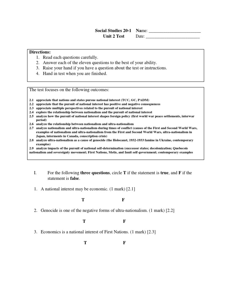 Social Studies 20-1 Unit 2 Test | PDF | Nationalism | Global Politics