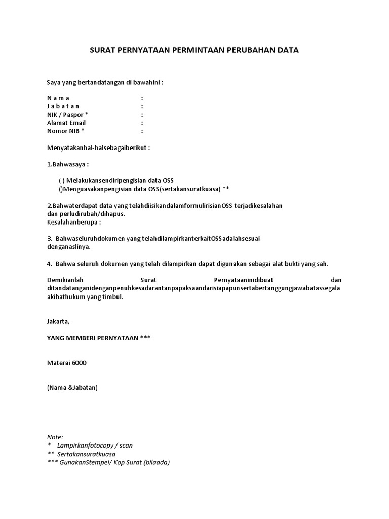 Surat Permohonan Perubahan Data Oss | PDF