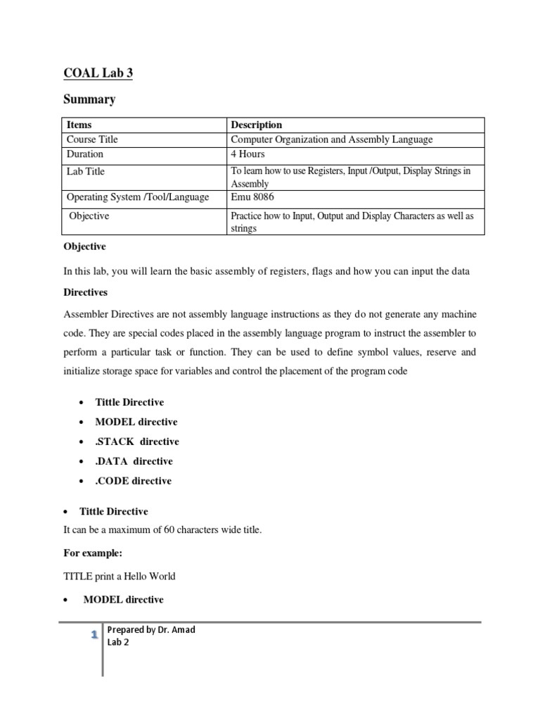 Lab 3 Coal Pdf Assembly Language Computer Program