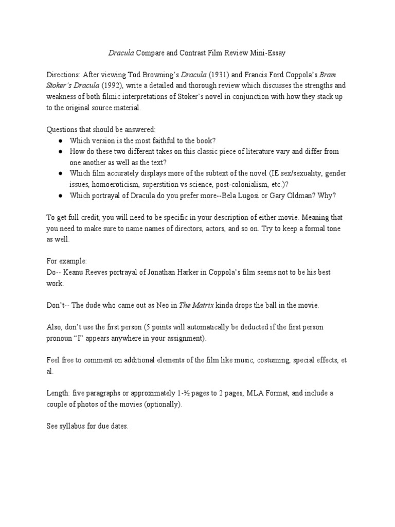 Dracula Compare and Contrast Film Review Mini-Essay | PDF