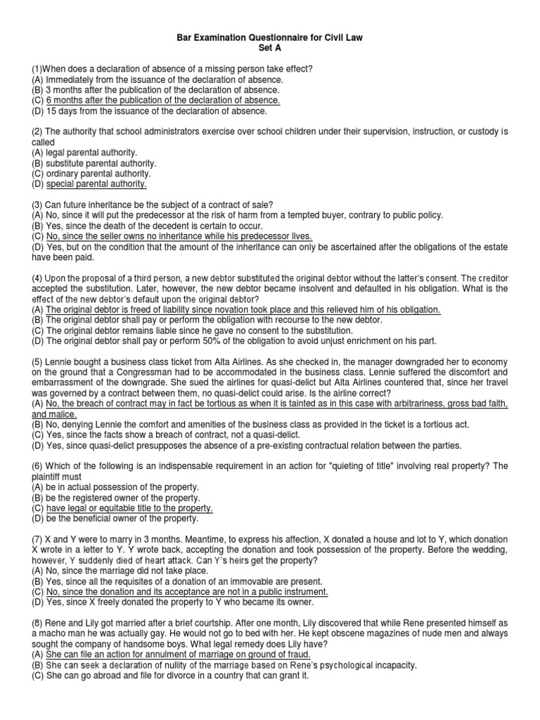 Bar Examination Questionnaire For Civil Law | PDF | Marriage | Mortgage Law