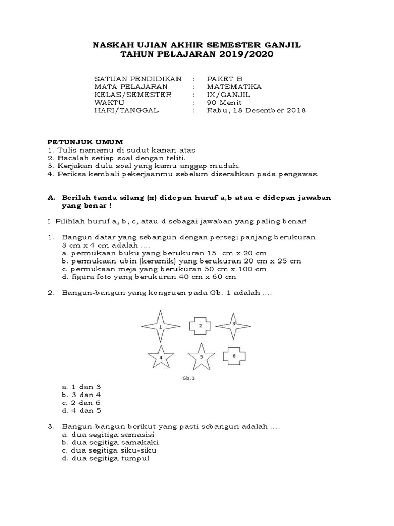 Naskah Uas Matematika Kelas 9 Sem Ganjil | PDF | Metode & Bahan Ajar | Griya & Taman
