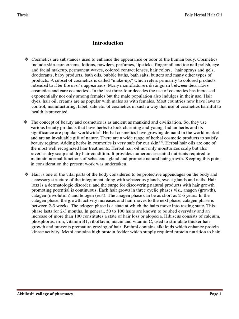 Herbal Hair Oil Thesis: Ingredients & Benefits | PDF | Cosmetics | Plants