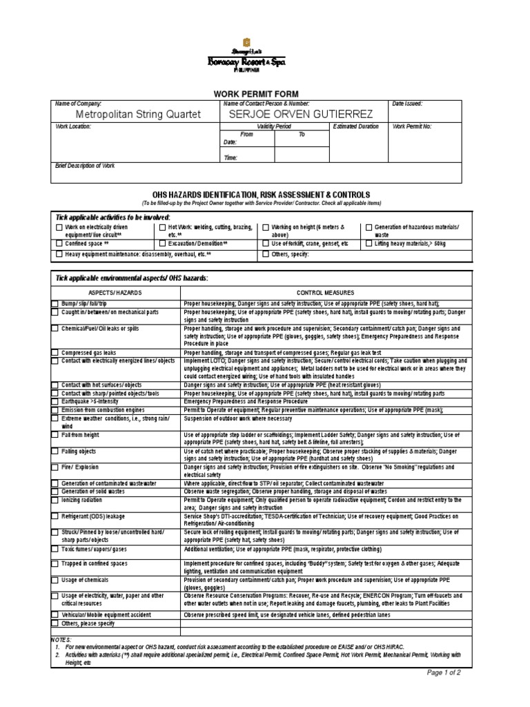 OPEG-446-14F4, Work Permit & Exit Pass Form | PDF | Personal Protective ...