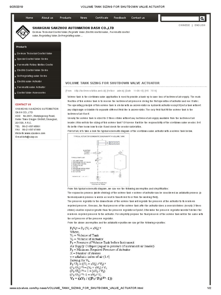 Volume Tank Sizing For Shutdown Valve Actuator | PDF | Valve | Actuator