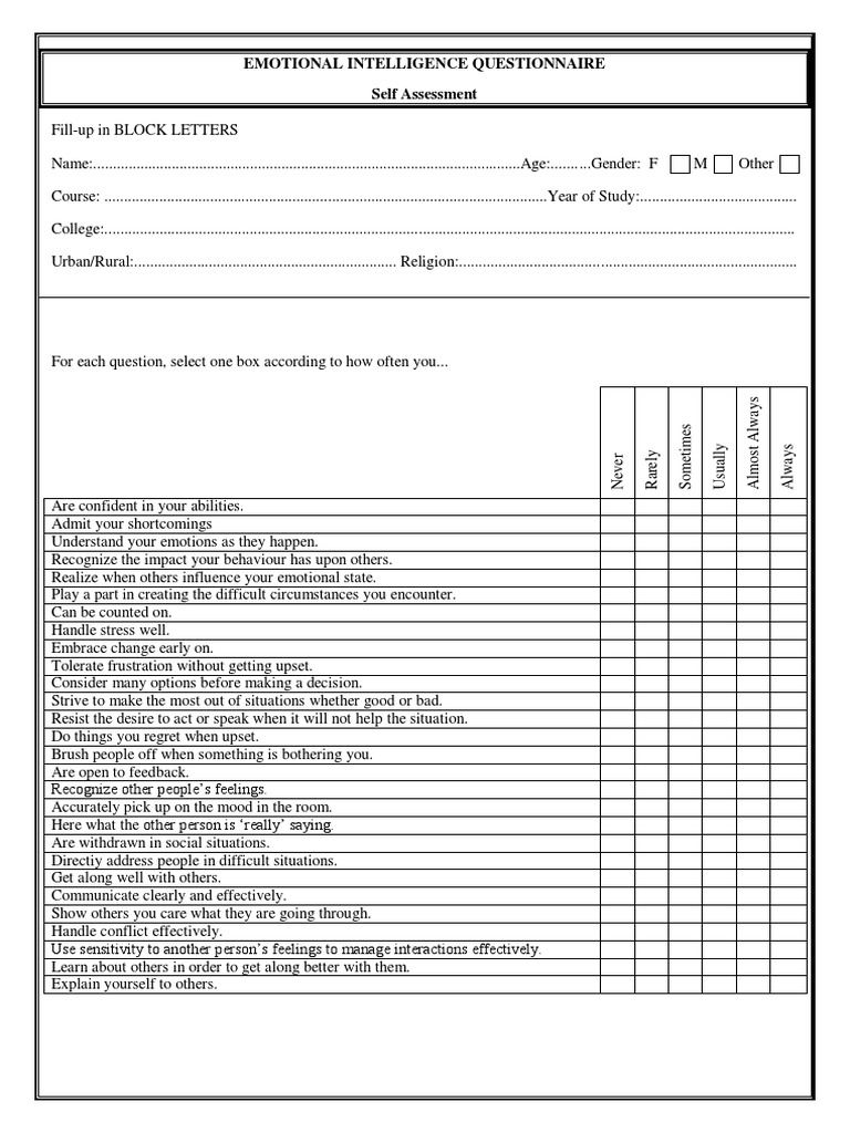 EI Questionnaire | PDF | Emotional Intelligence | Emotions