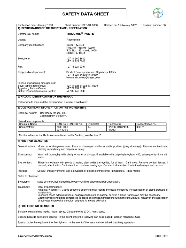 Racumin Paste MSDS | PDF | Dangerous Goods | Personal Protective Equipment