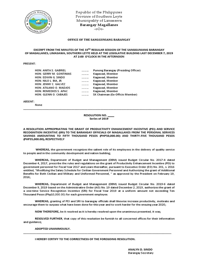 Barangay Resolution PEI and SRI 2019 | PDF | Federal Government Of The ...