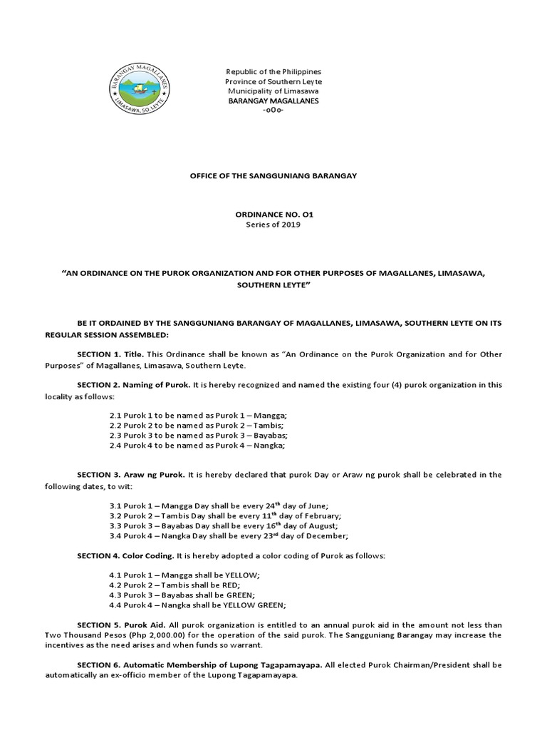 Brgy. Ordinance Purok Organization-Finals | PDF | Virtue | Public Law