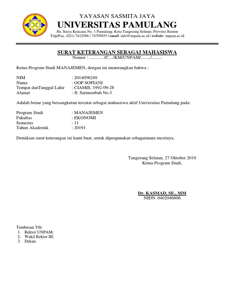 Surat Keterangan Mahasiswa UNPAM | PDF | Sains & Matematika