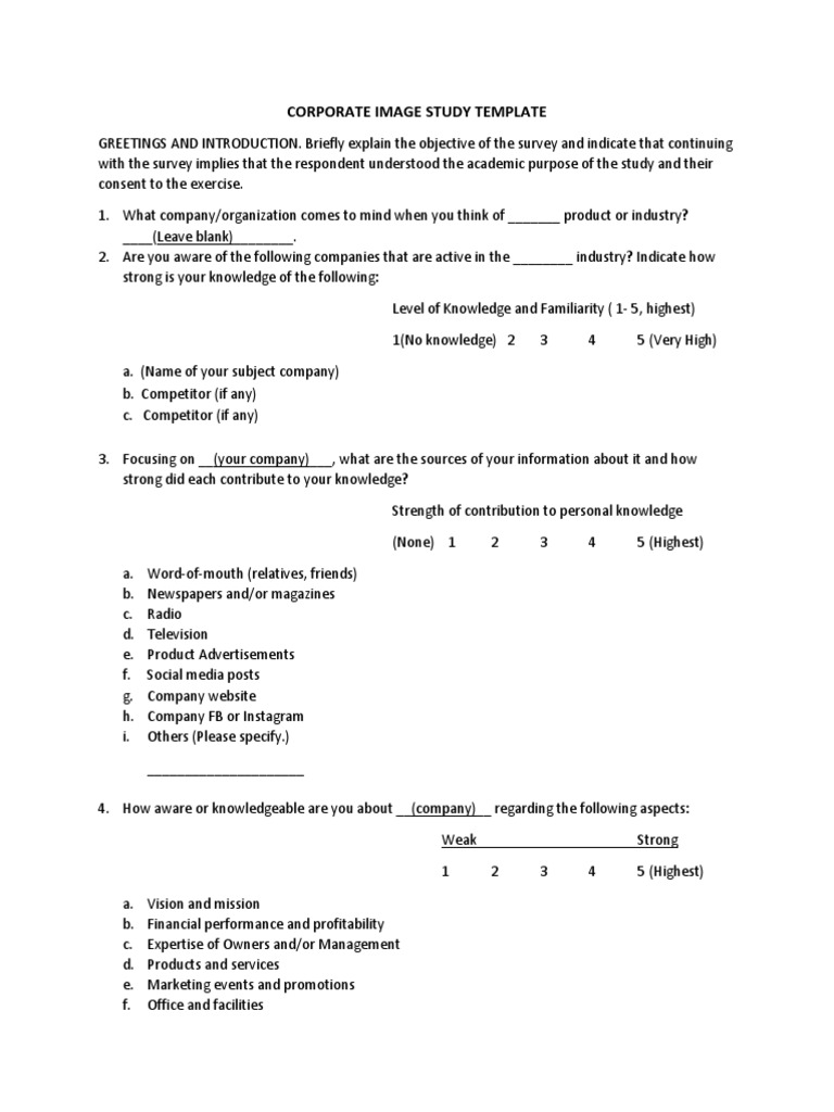Corporate Image Study Basic Questionnaire | PDF | Reputation | Advertising