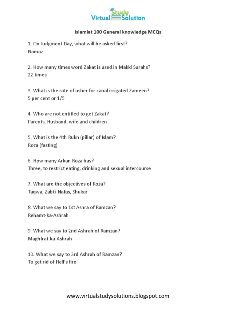 Islamiat 100 General Knowledge MCQs | PDF | God In Islam | Tawhid