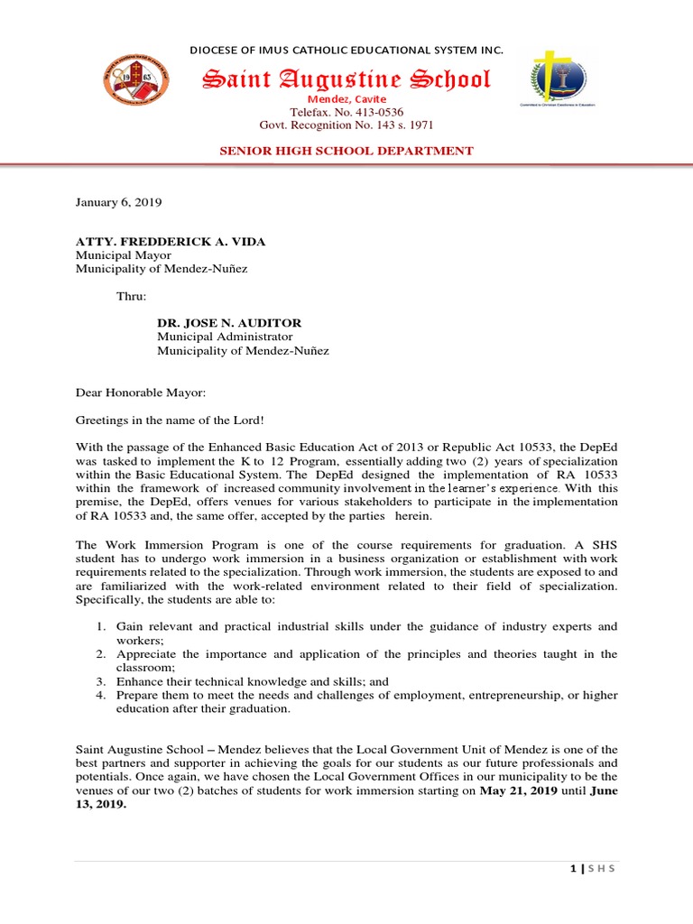 Work Immersion 2019 Letter To LGU | PDF | Employment | Behavior ...