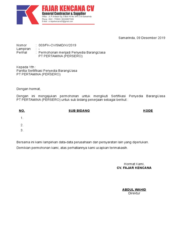 Surat Permohonan Jadi Rekanan Pertamina | PDF