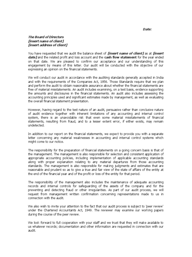 Audit Engagement Letter Template | PDF | Financial Audit | Internal Control