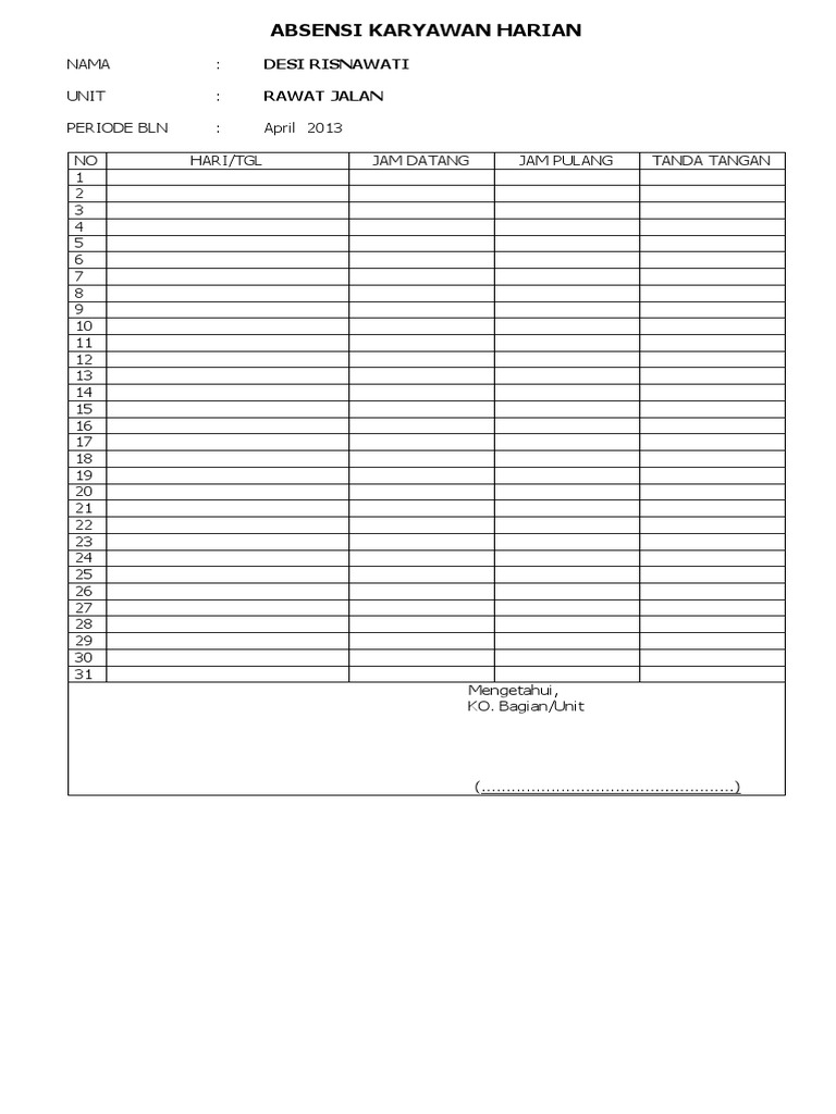 Form Absensi Karyawan Harian | PDF