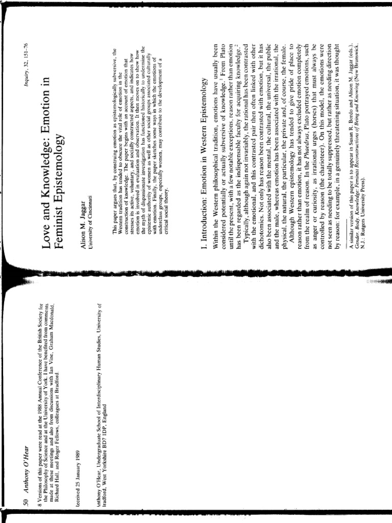 Jaggar on Love and Knowledge in Epistemology | PDF | Women And ...