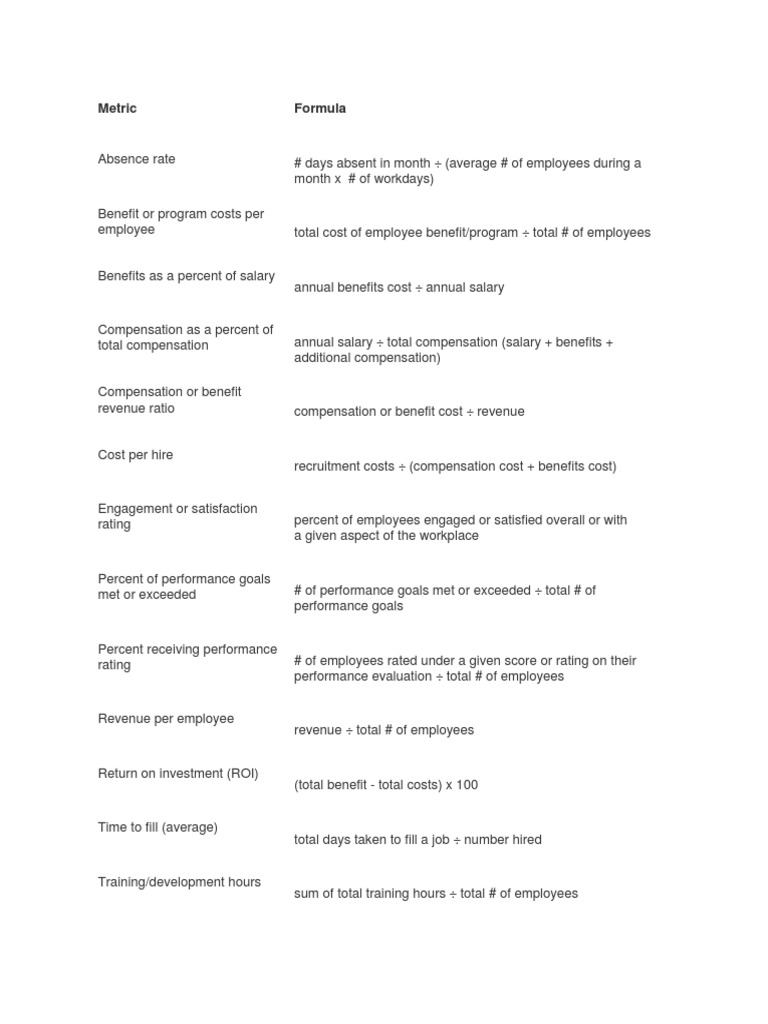 HR Formulas | PDF | Employee Benefits | Turnover (Employment)