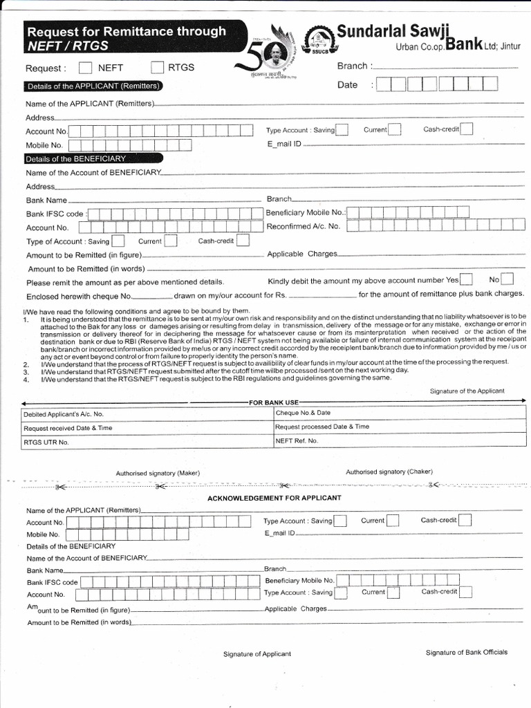 NEFT Remittance Request Form | PDF | Reserve Bank Of India | Banks