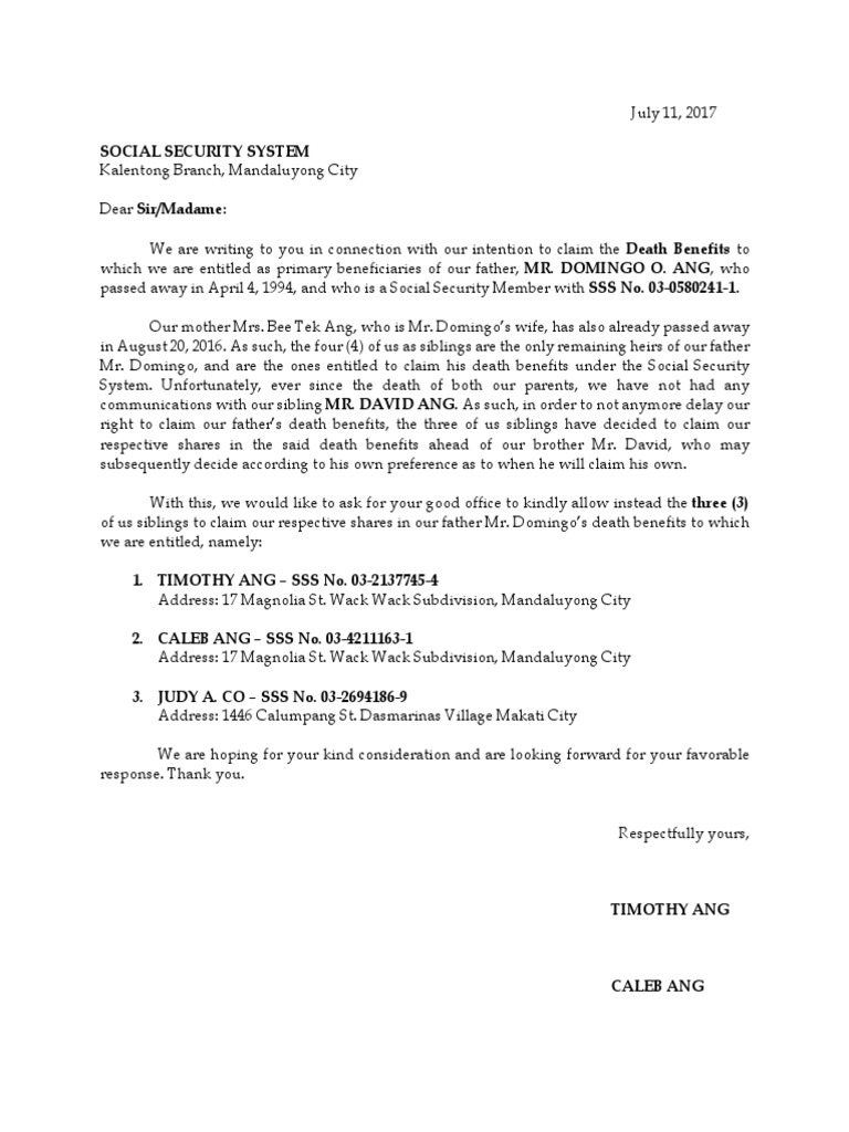 Sample SSS Death Claim