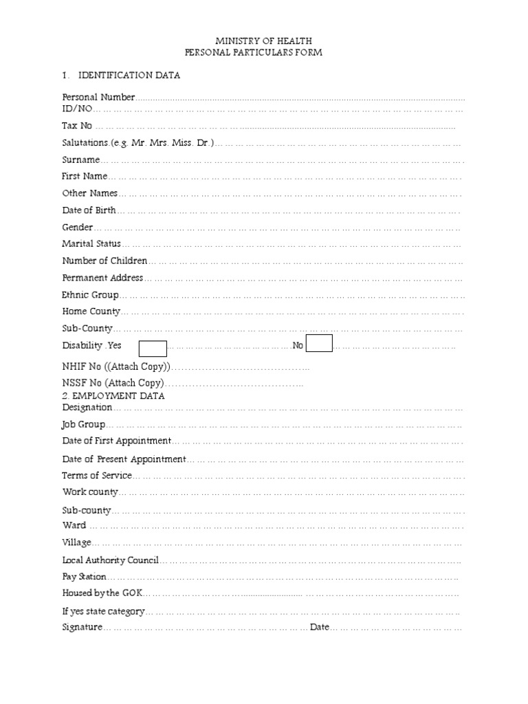 Ministry of Health Personal Particulars Form | PDF