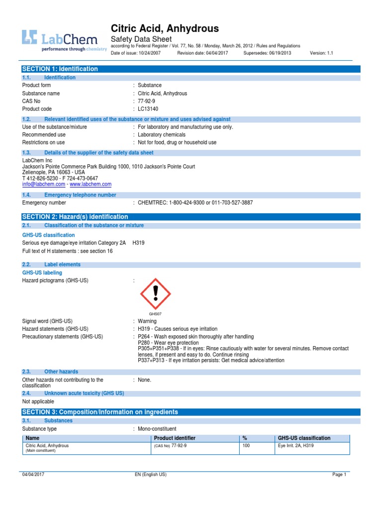 SDS Citric Acid | PDF | Toxicity | Firefighting