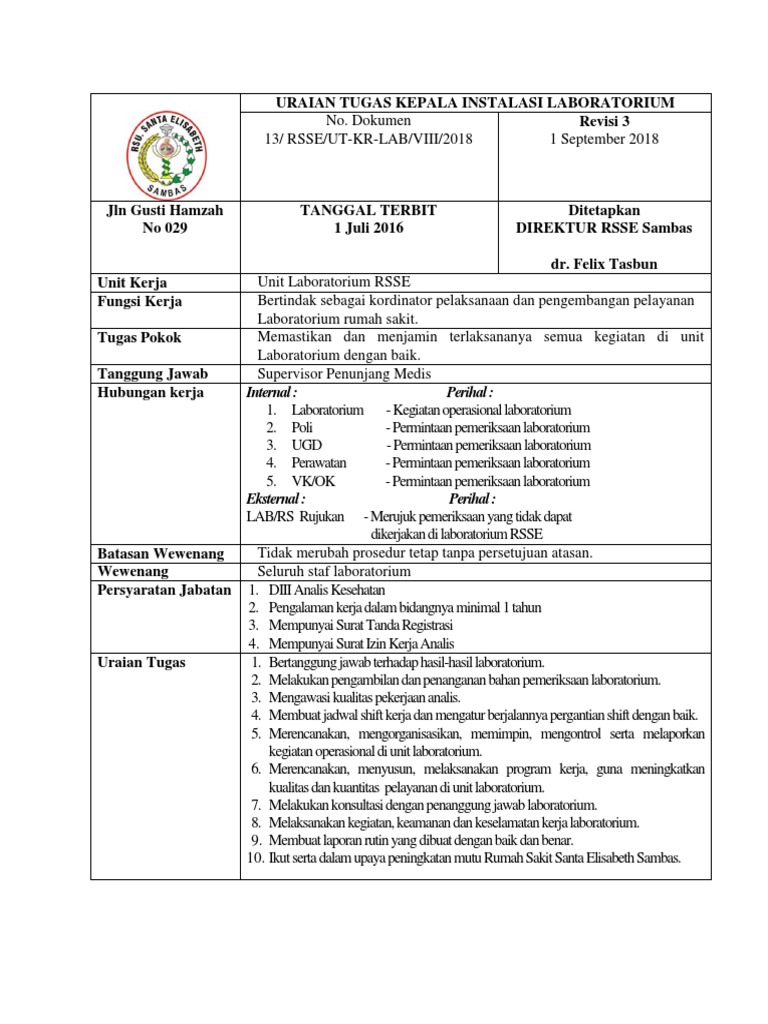 Uraian Tugas Kepala Dan Pelaksana Instalasi Laboratorium | PDF
