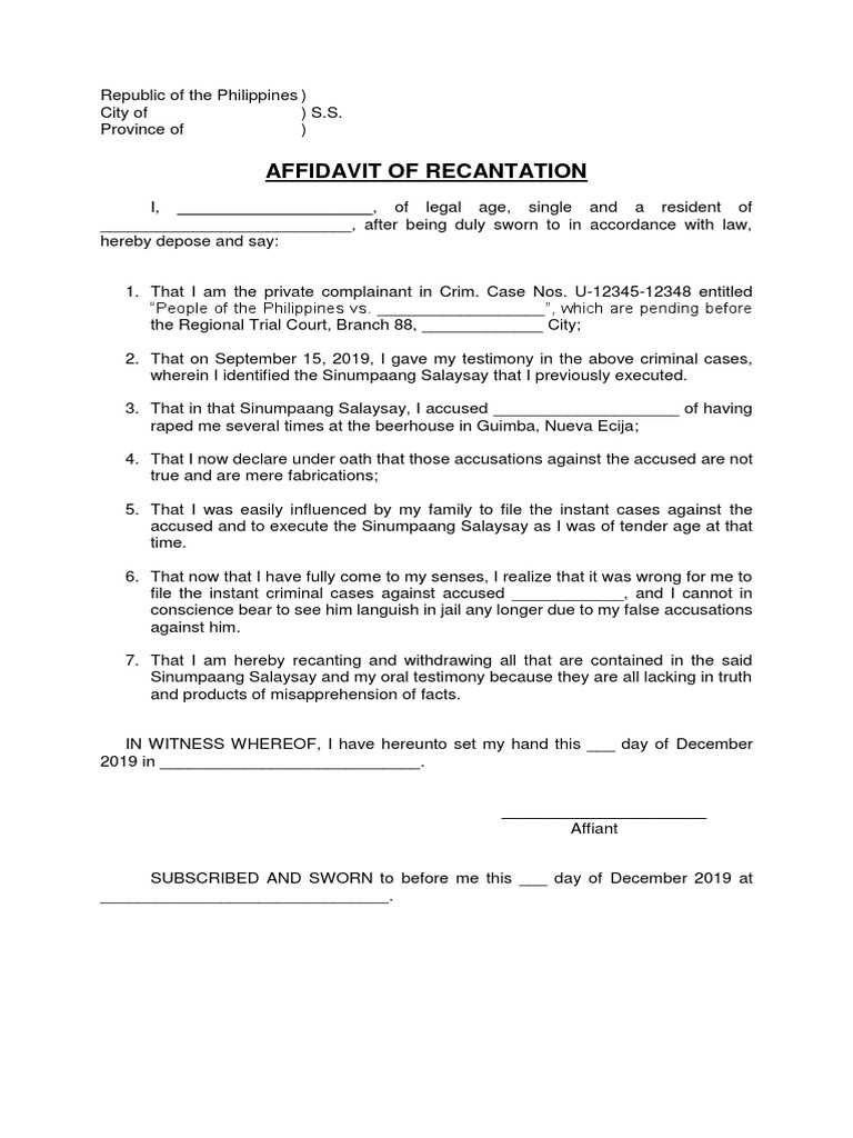 Affidavit of Recantation Format Affidavit of Recantation Format